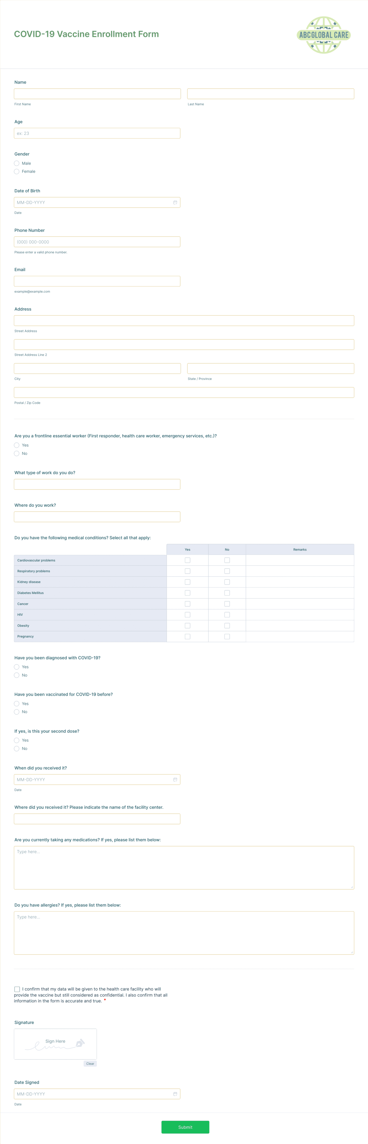 COVID-19 Vaccine Enrollment Form Template | Jotform