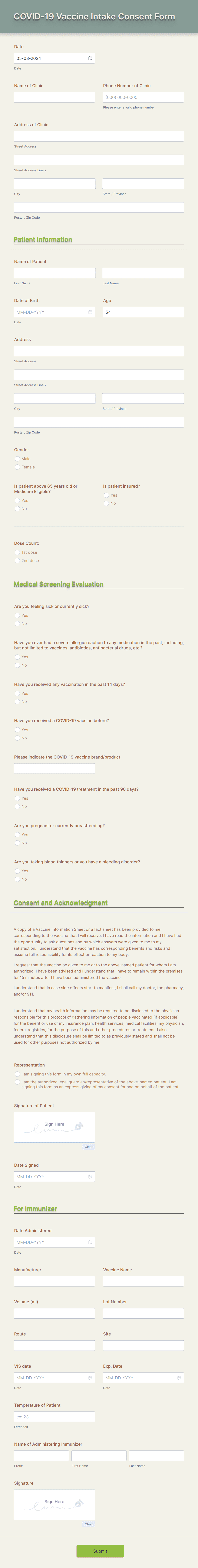COVID-19 Vaccine Intake Consent Form Template | Jotform