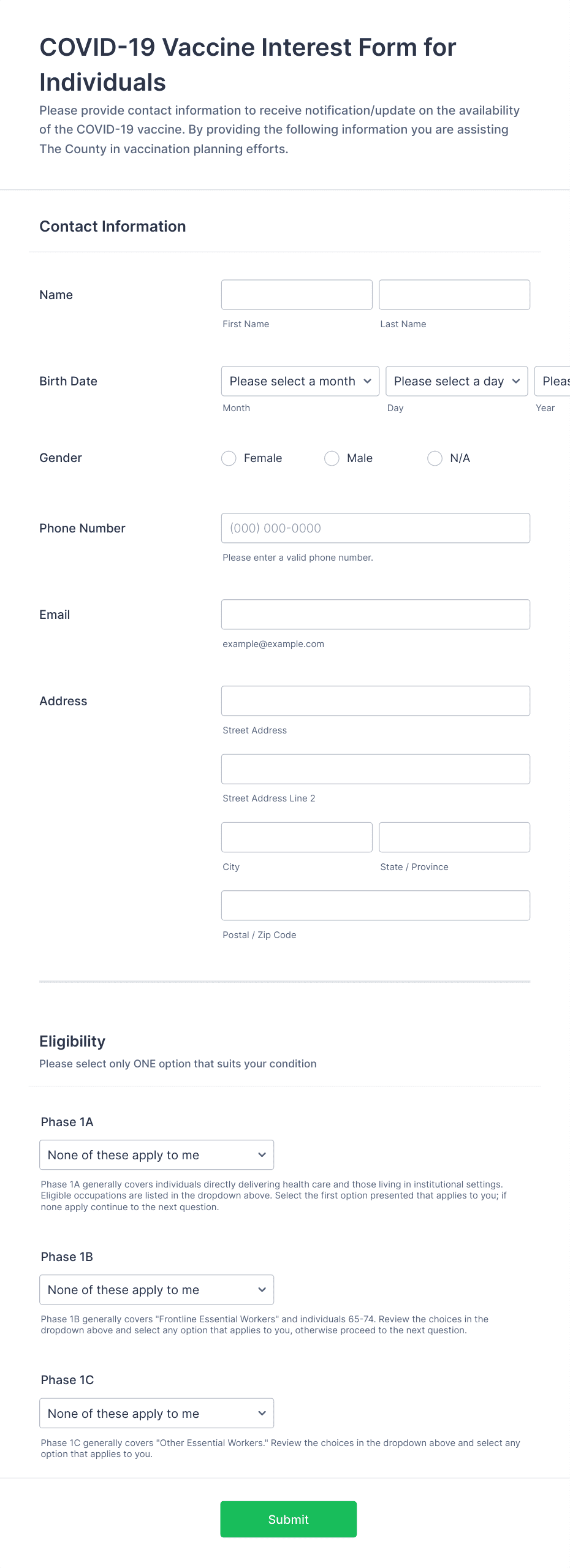 COVID-19 Vaccine Interest Form for Individuals Form Template | Jotform