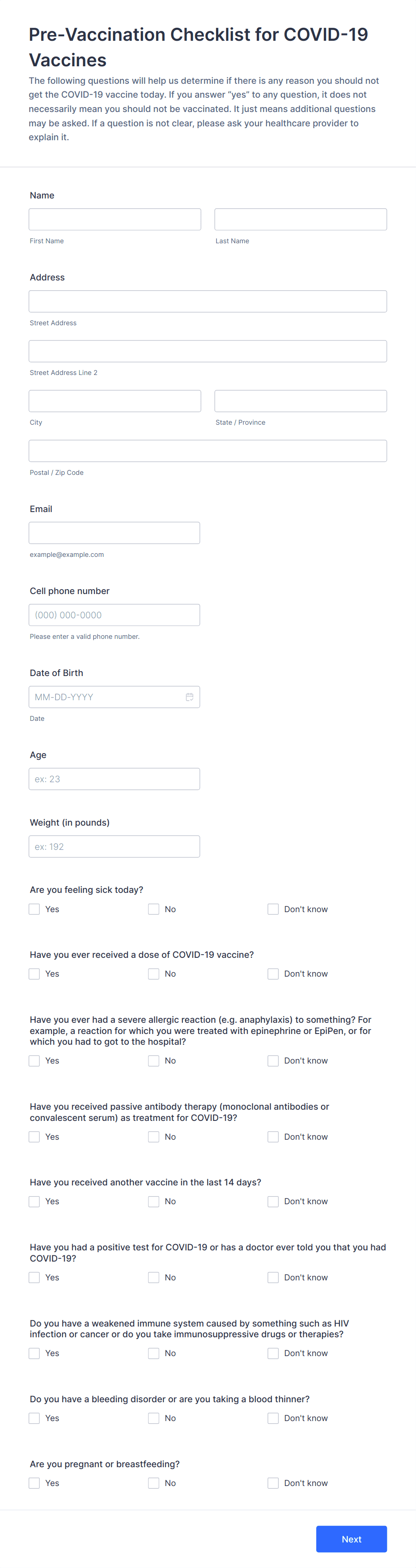 COVID-19 Vaccine Pre-screening Form Template | Jotform