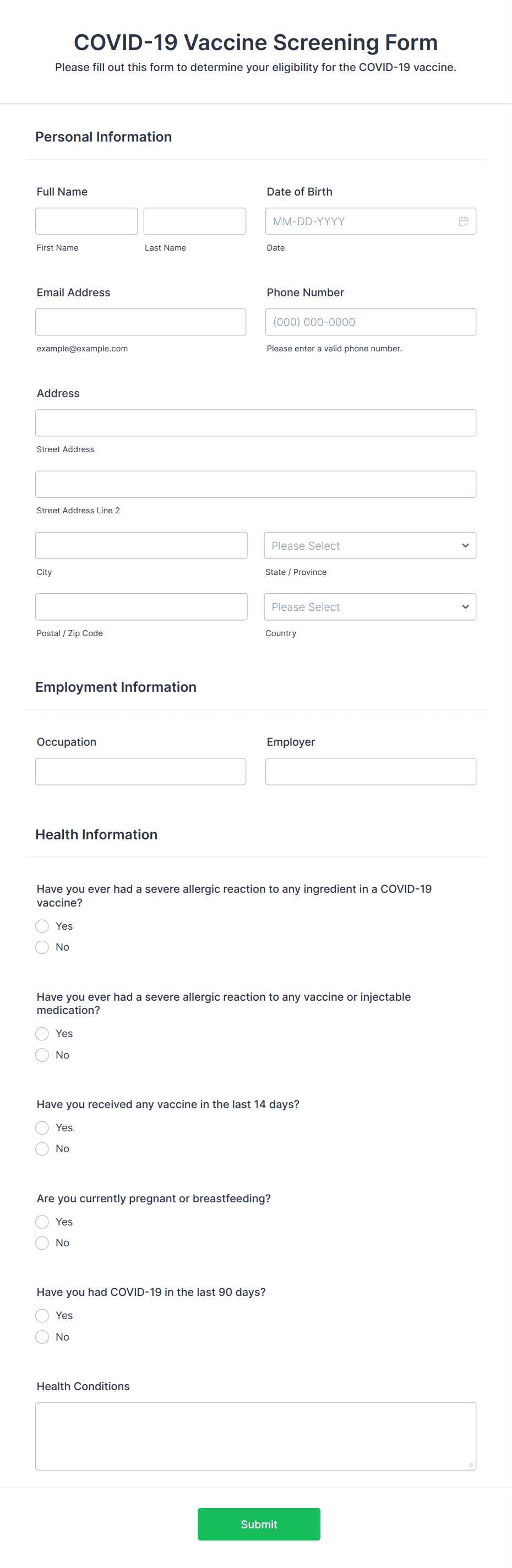COVID-19 Vaccine Screening Form Template | Jotform