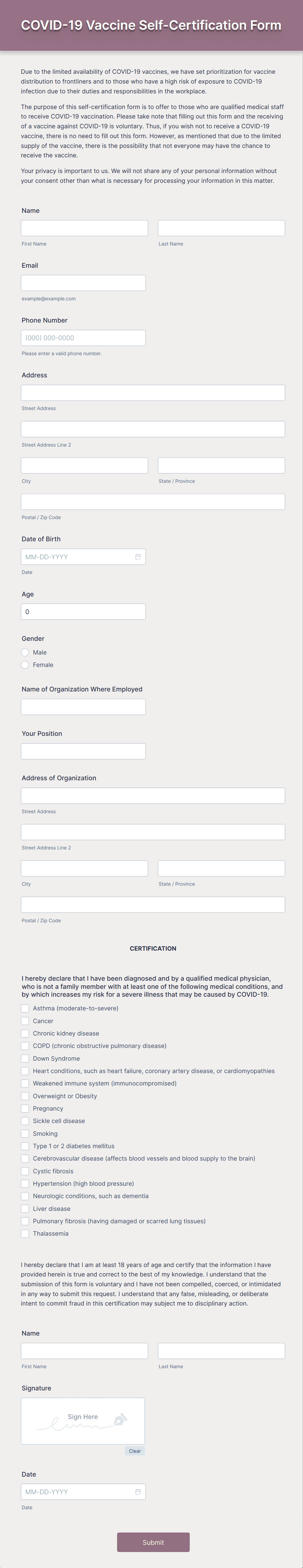 COVID-19 Vaccine Self-Certification Form Template | Jotform