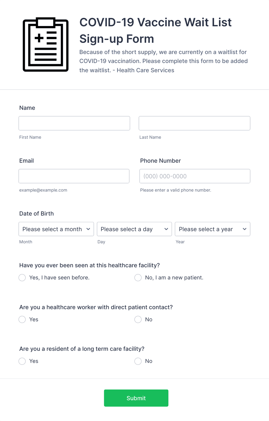 COVID-19 Vaccine Wait List Sign-up Form Template | Jotform