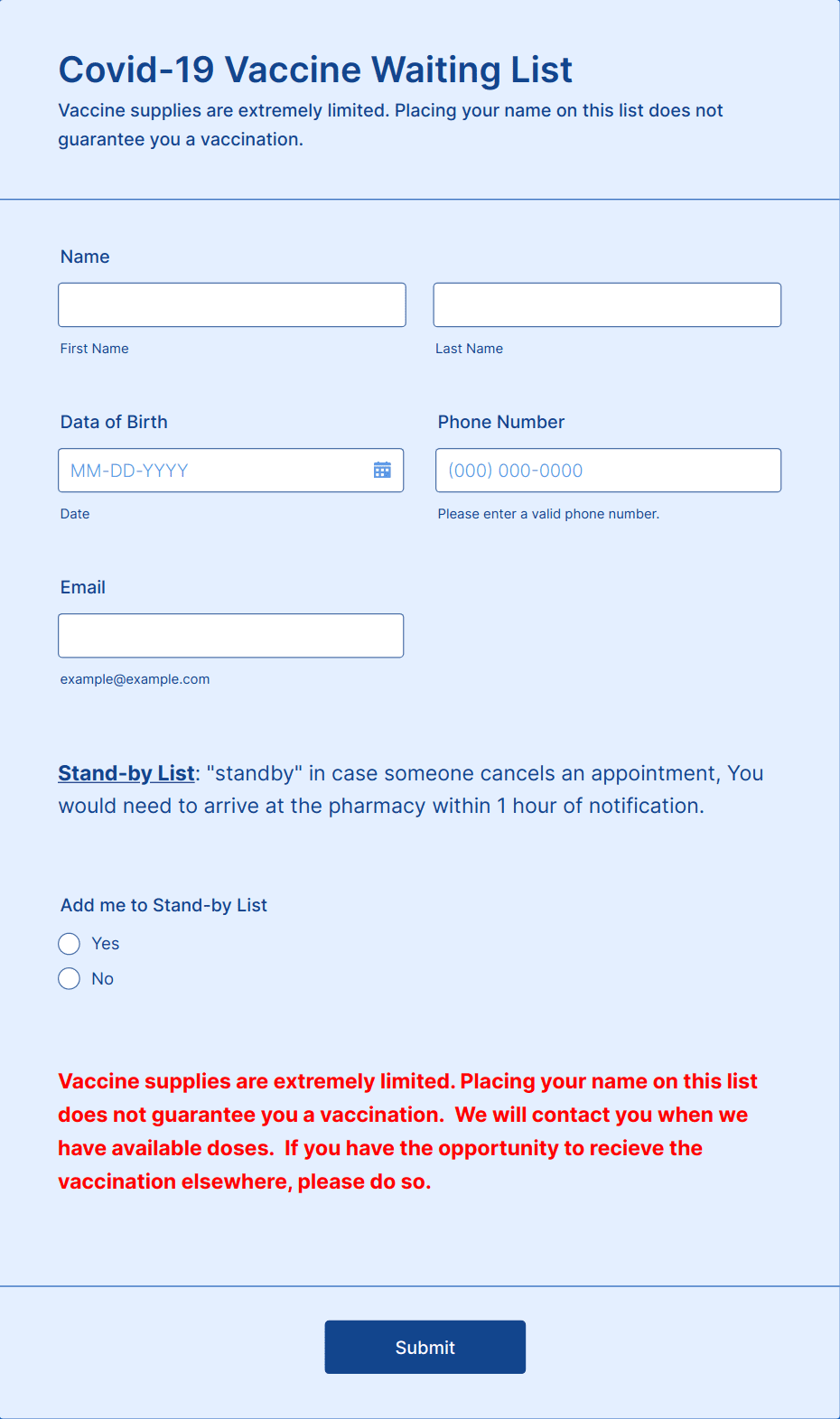 Covid-19 Vaccine Waiting List Form Template | Jotform