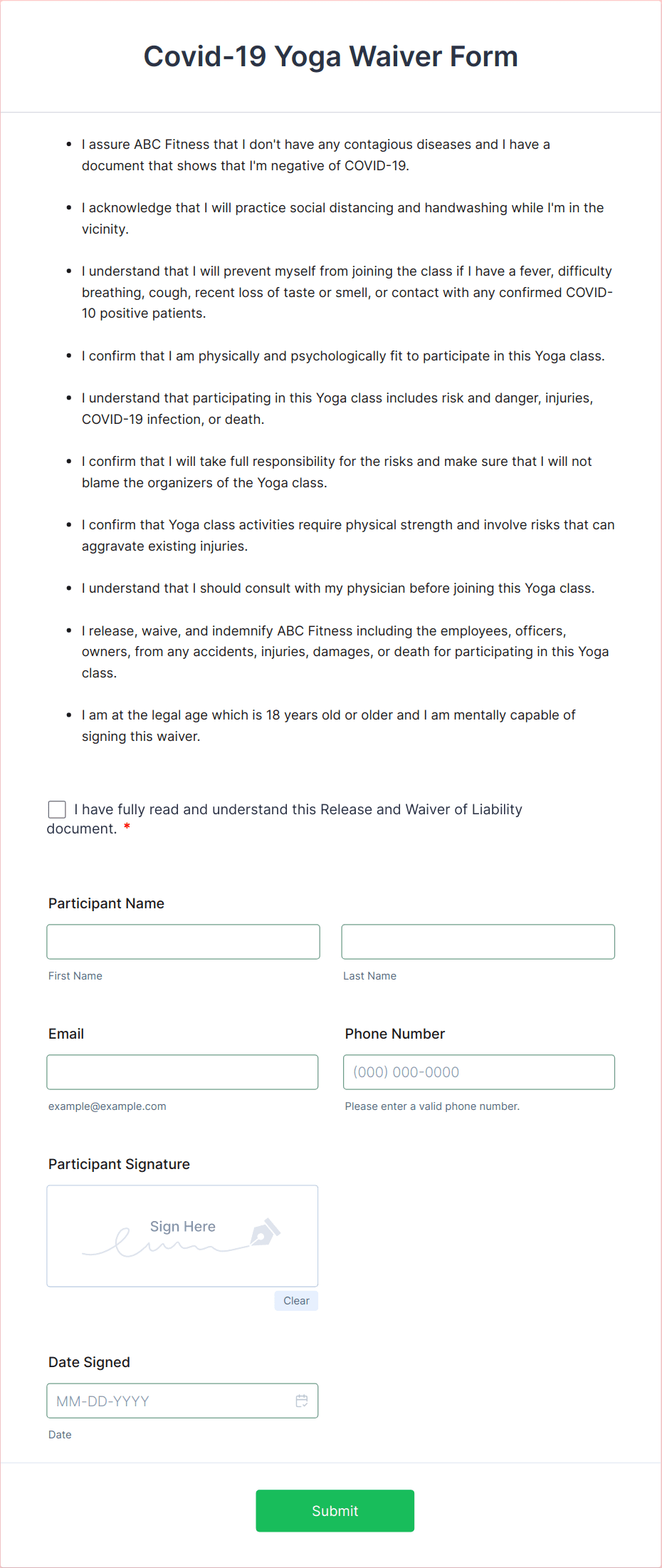Covid-19 Yoga Waiver Form Template | Jotform