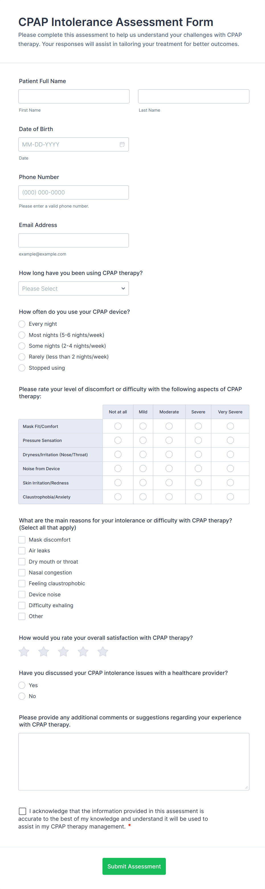 CPAP Intolerance Assessment Form Template | Jotform