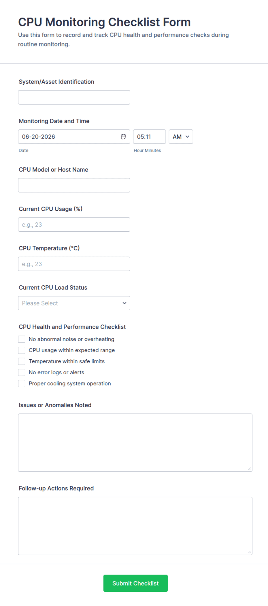 CPU Monitoring Checklist Form Template | Jotform
