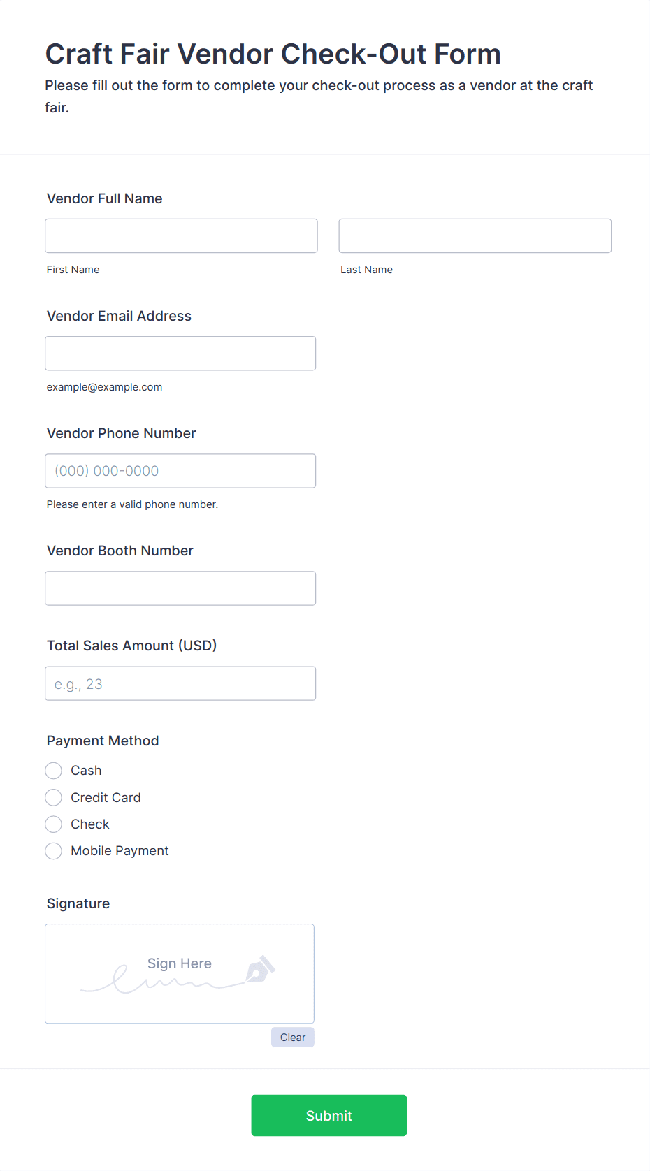 Craft Fair Vendor Check-Out Form Template | Jotform