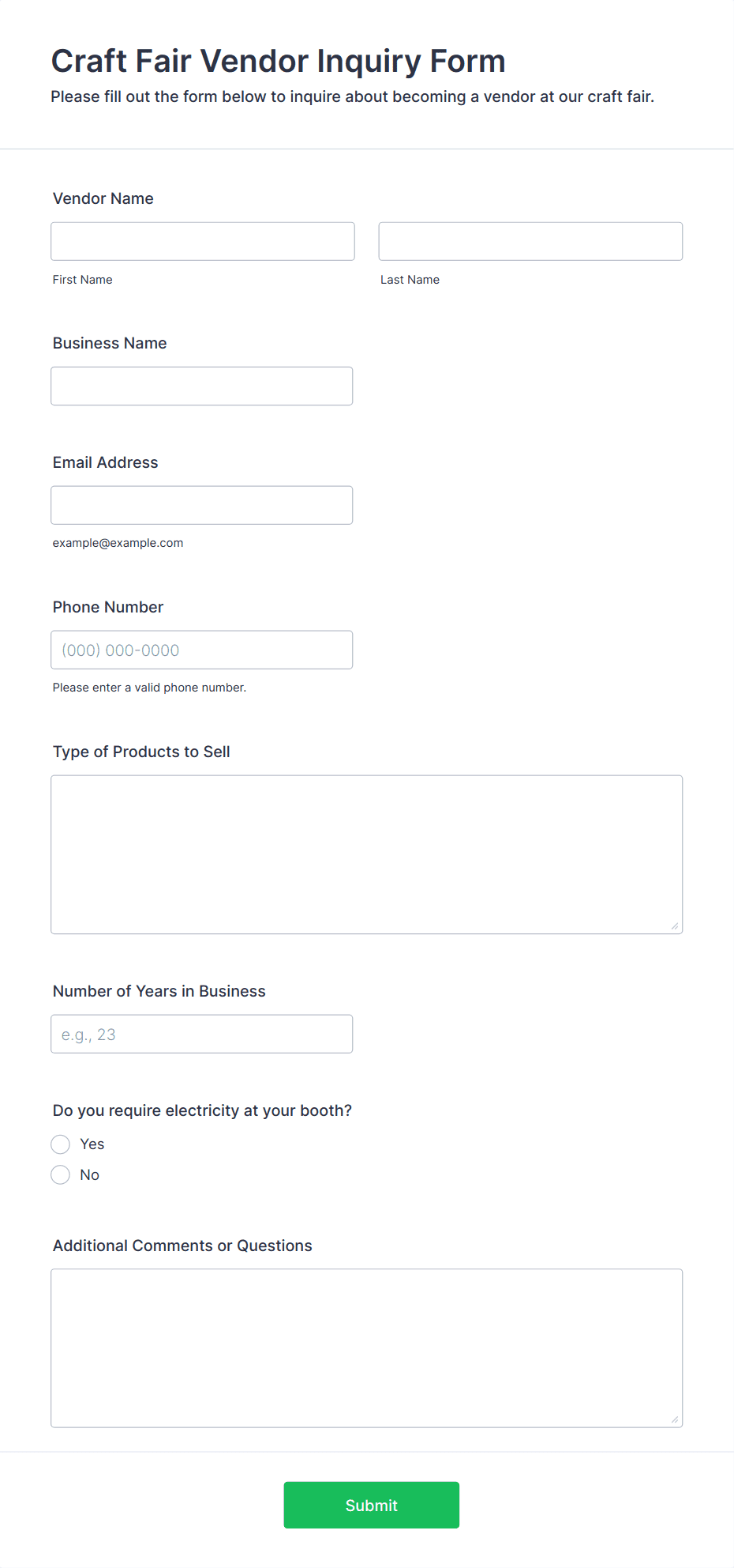 Craft Fair Vendor Inquiry Form Template | Jotform