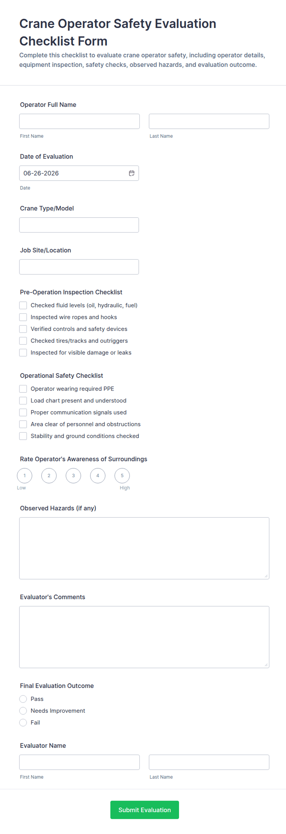 Crane Operator Safety Evaluation Form Template | Jotform