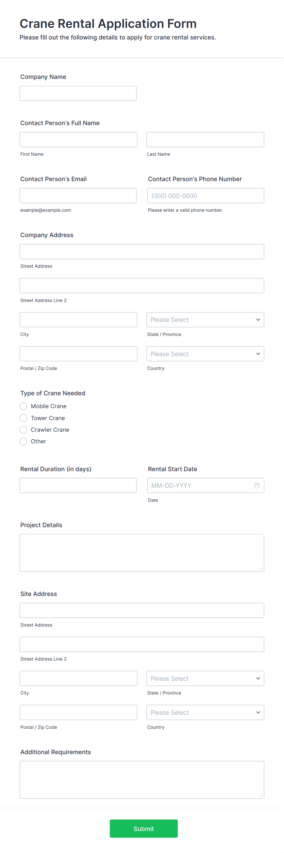 Crane Rental Application Form Template | Jotform