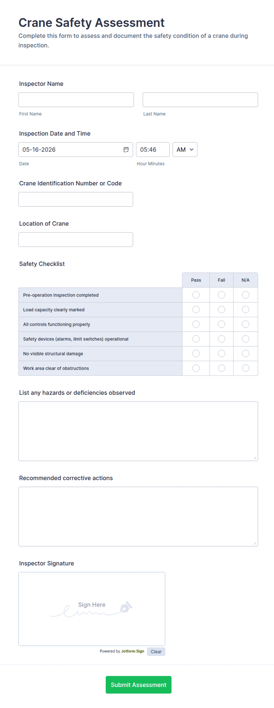 Crane Safety Assessment Form Template | Jotform