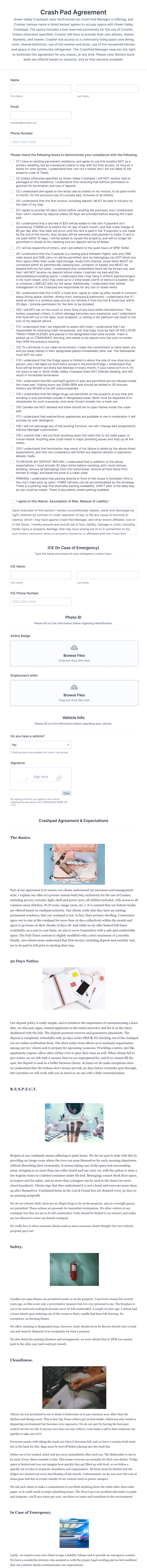 Crash Pad Agreement Form Template | Jotform