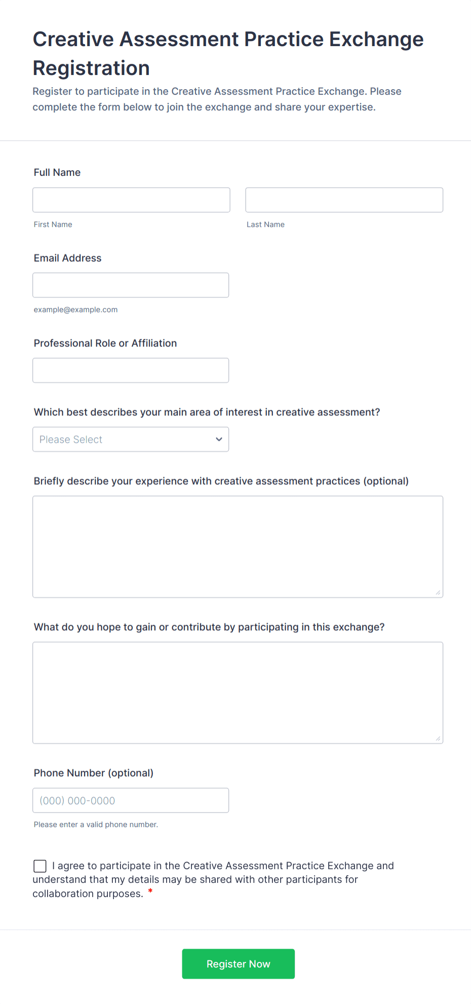 Creative Assessment Practice Exchange Registration Form Template | Jotform