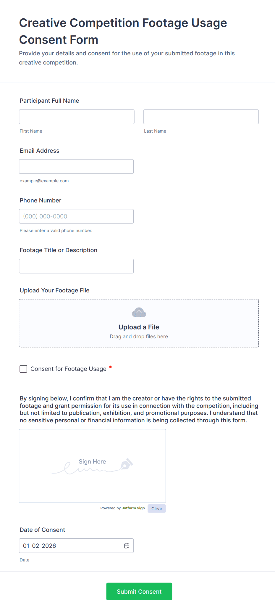 Creative Competition Footage Usage Consent Form Template | Jotform