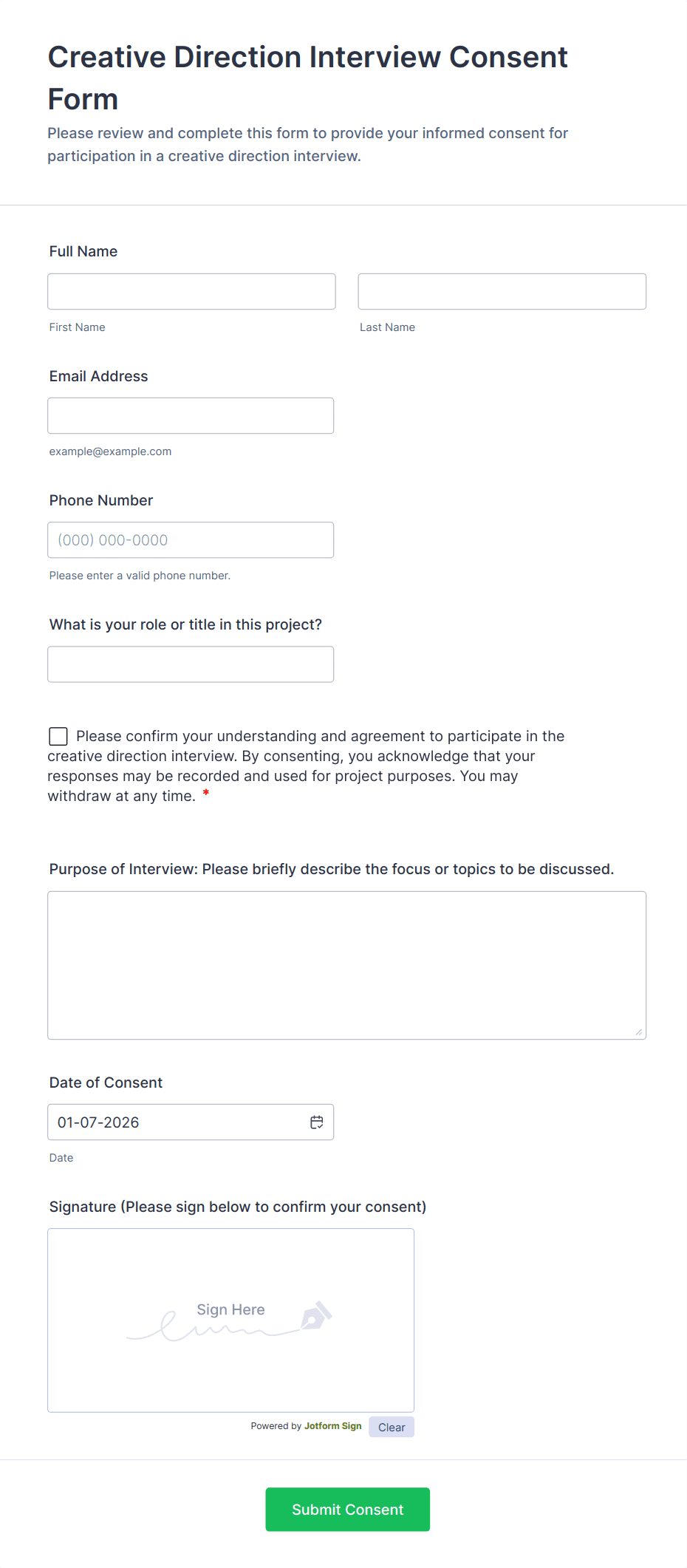 Creative Direction Interview Consent Form Template | Jotform