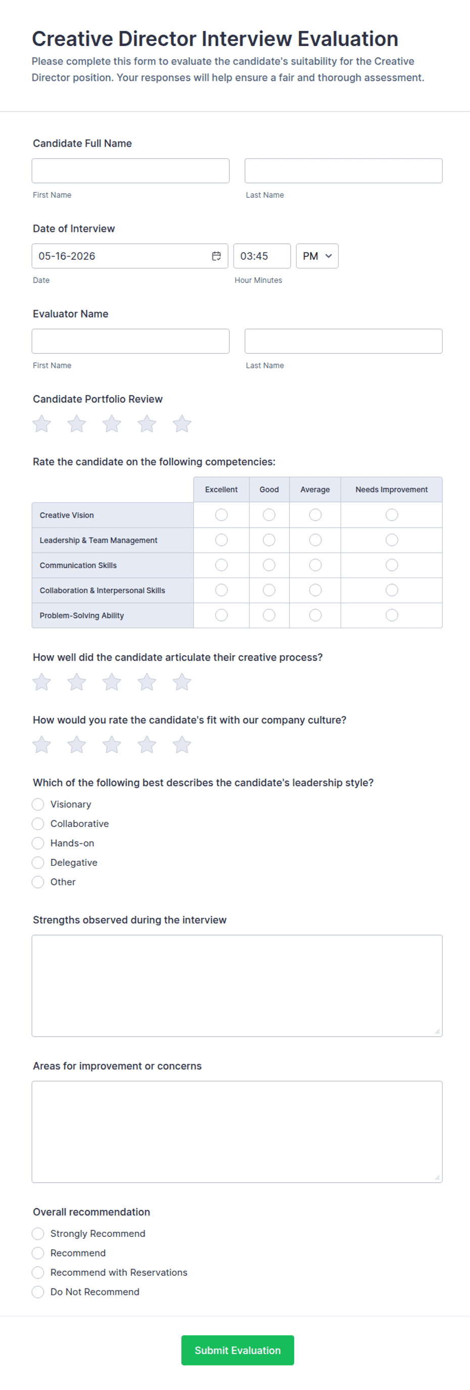Creative Director Interview Evaluation Form Template | Jotform