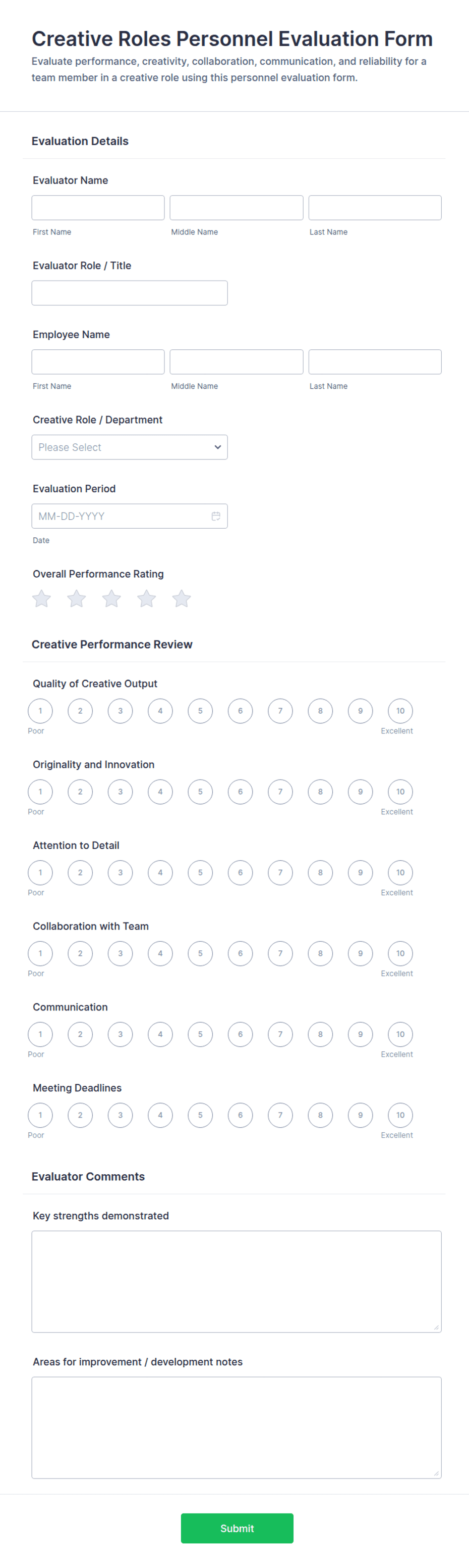 Creative Roles Personnel Evaluation Form Template | Jotform