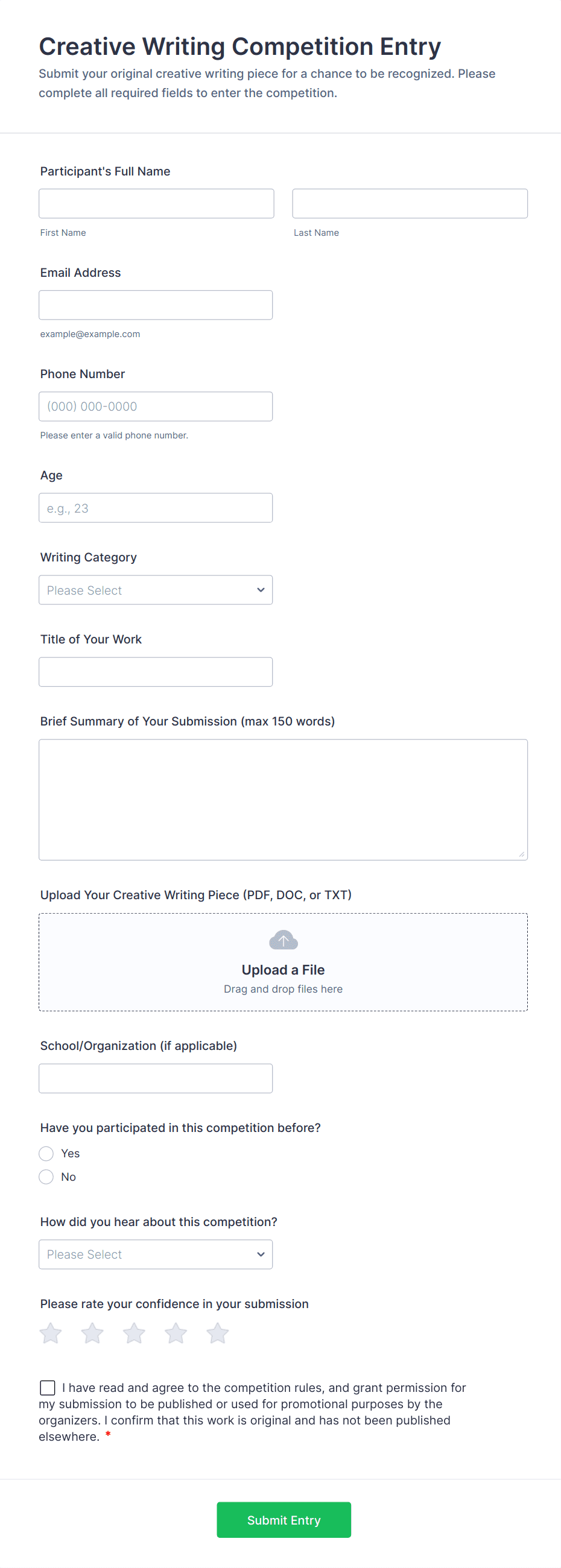 Creative Writing Competition Entry Form Template | Jotform