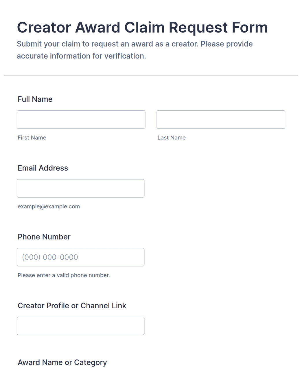 Creator Award Claim Request Form Template | Jotform