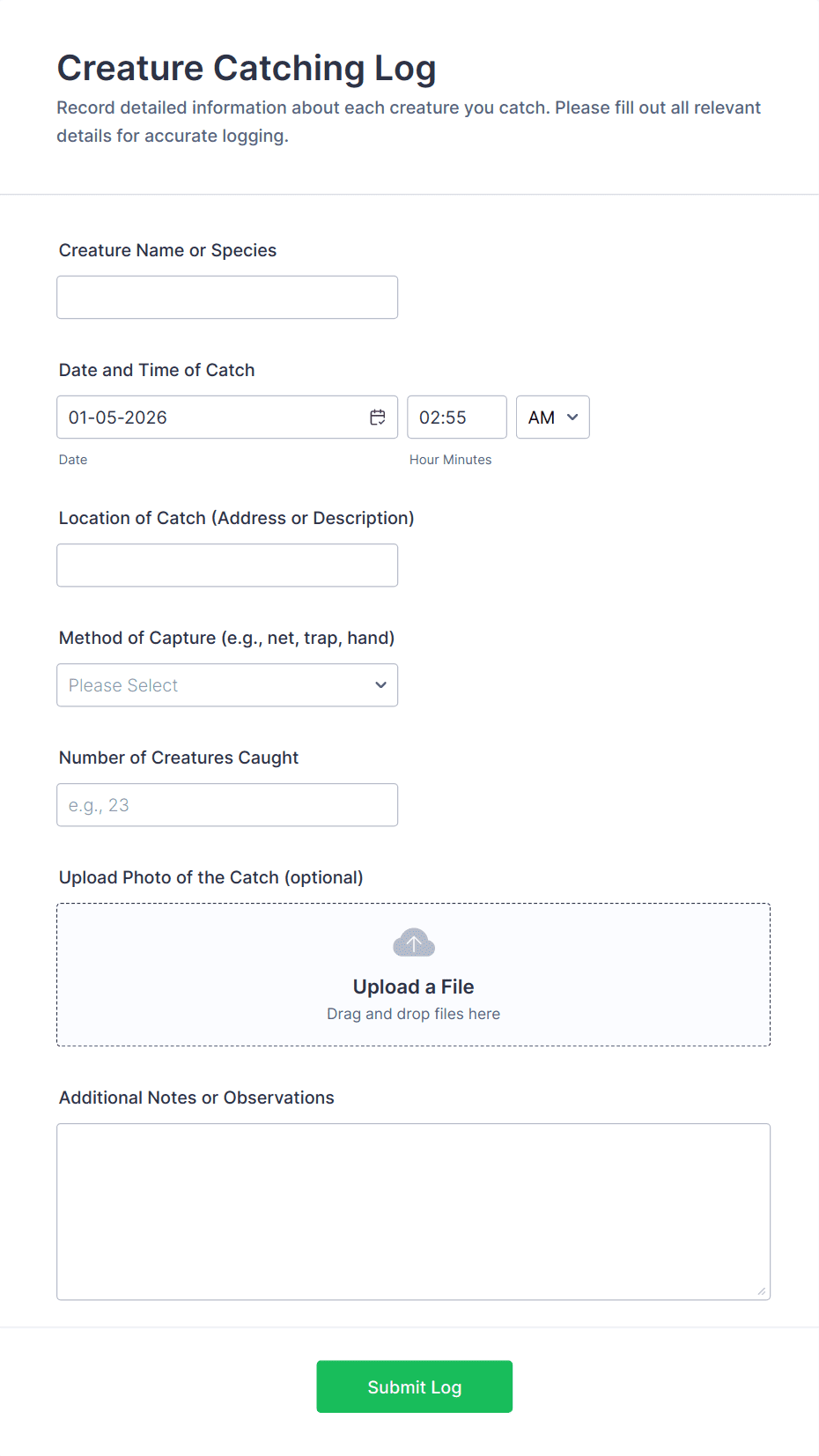 Creature Catching Log Form Template | Jotform