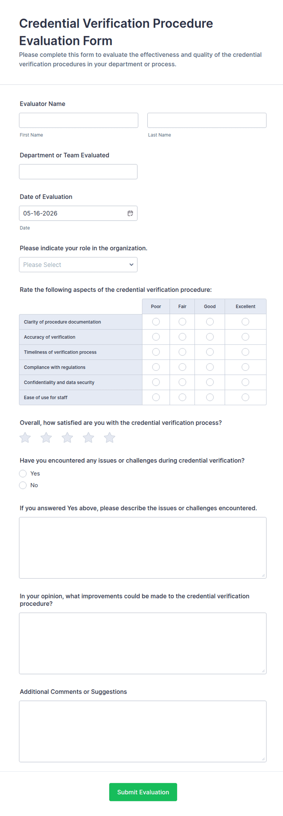 Credential Verification Procedure Evaluation Form Template | Jotform
