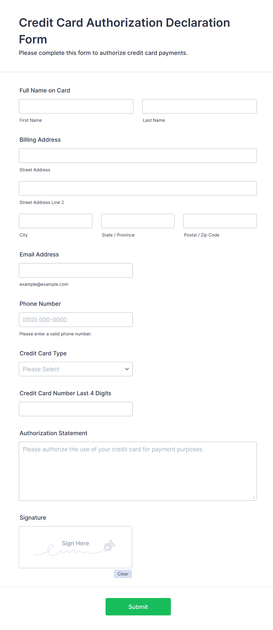 Credit Card Authorization Declaration Form Template | Jotform