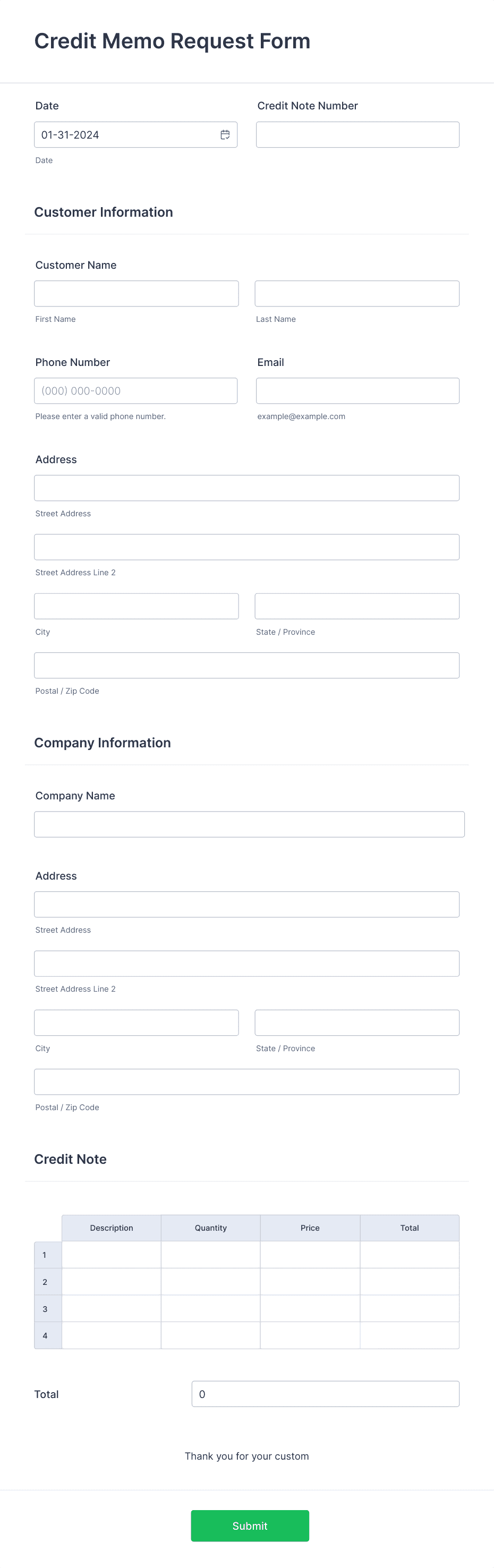 Credit Memo Request Form Template | Jotform