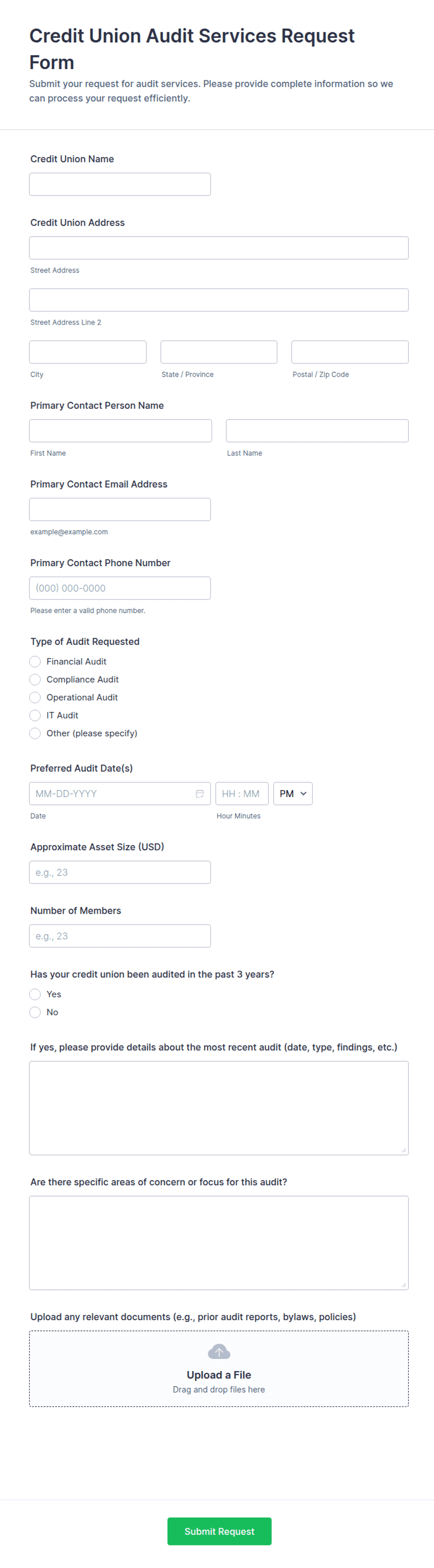 Credit Union Audit Services Request Form Template | Jotform