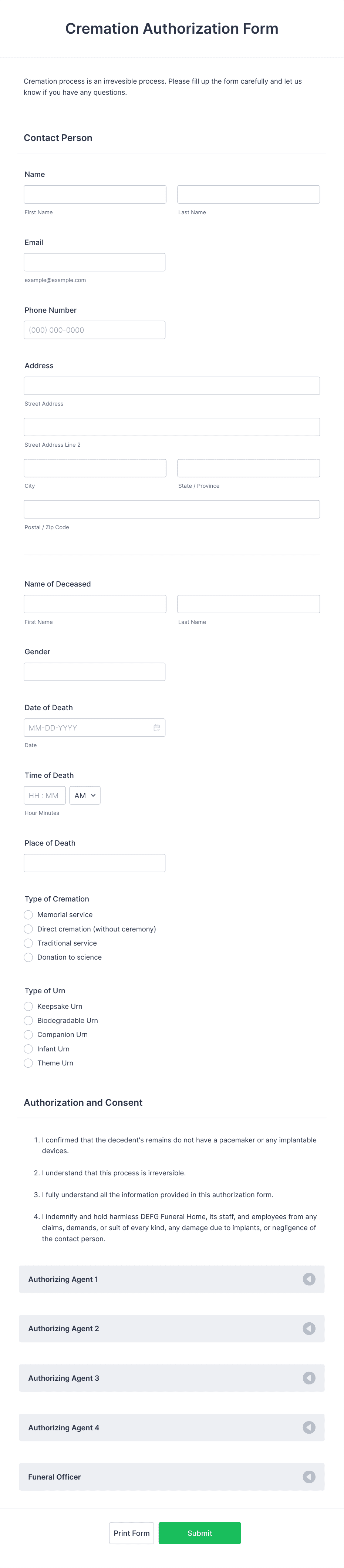 Cremation Authorization Form Template | Jotform