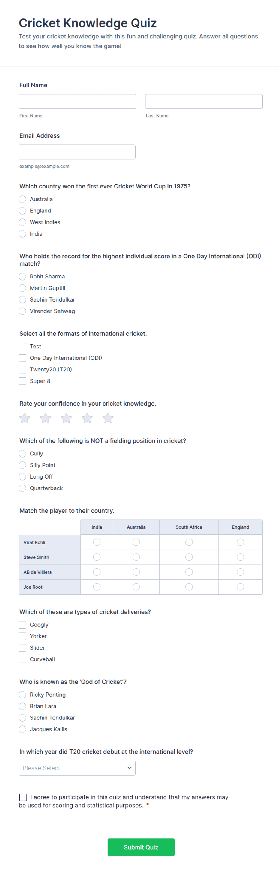 Cricket Knowledge Quiz Form Template | Jotform