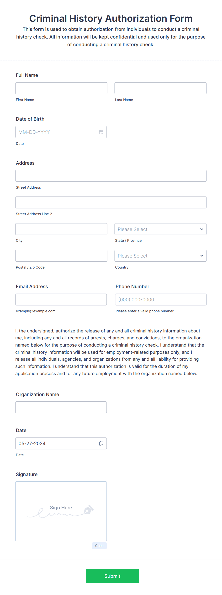Criminal History Authorization Form Template | Jotform