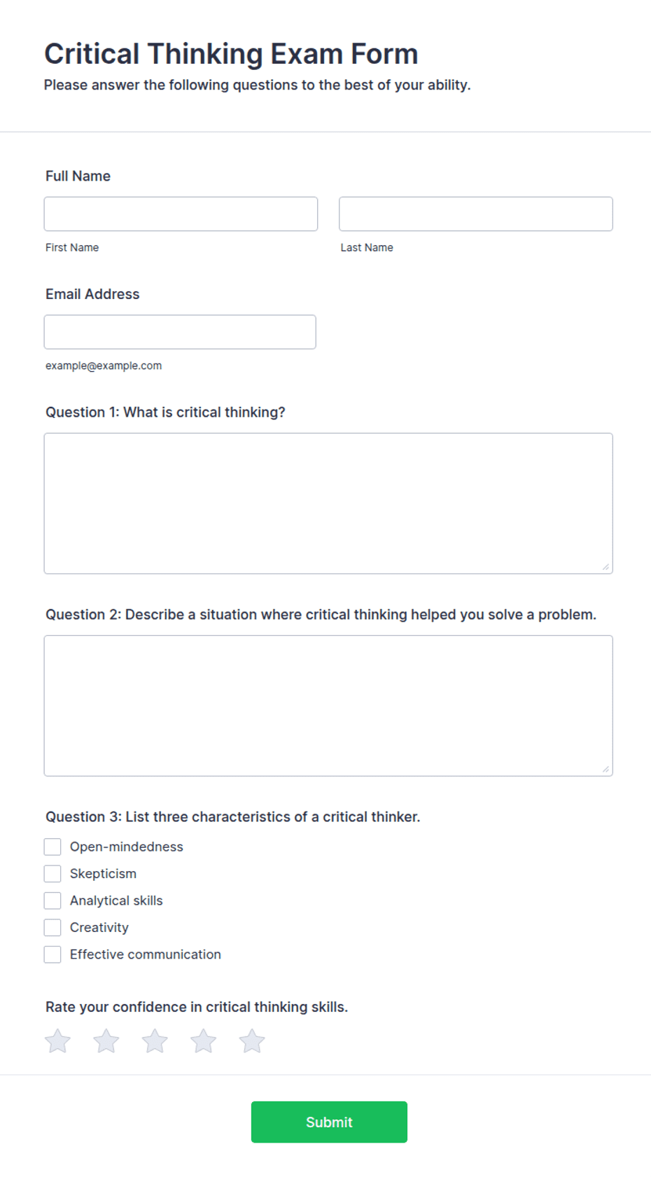 Critical Thinking Exam Form Template | Jotform