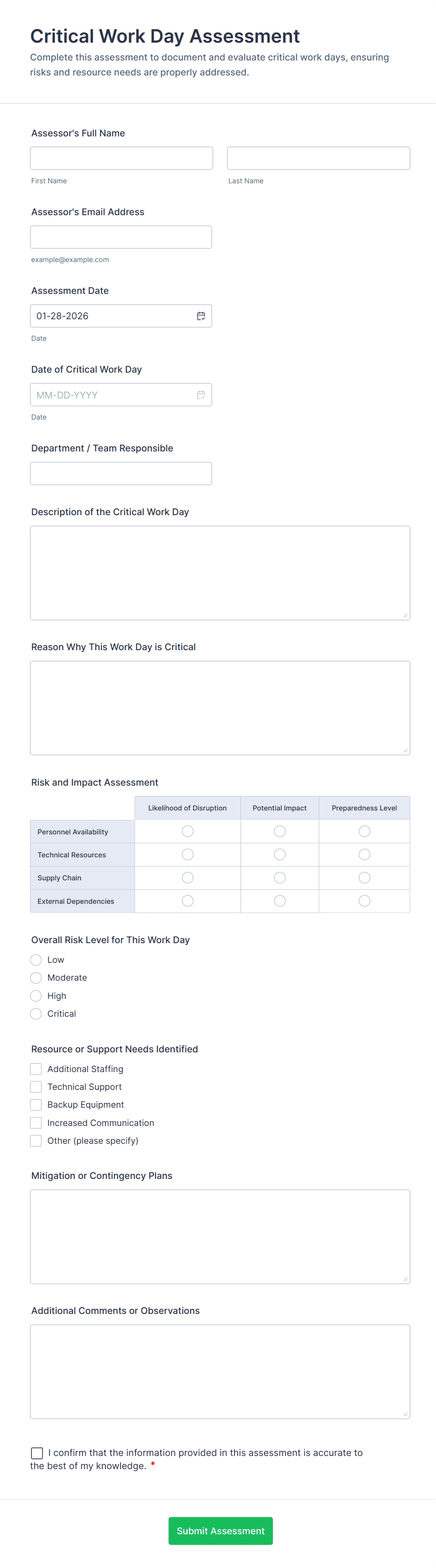 Critical Work Day Assessment Form Template | Jotform