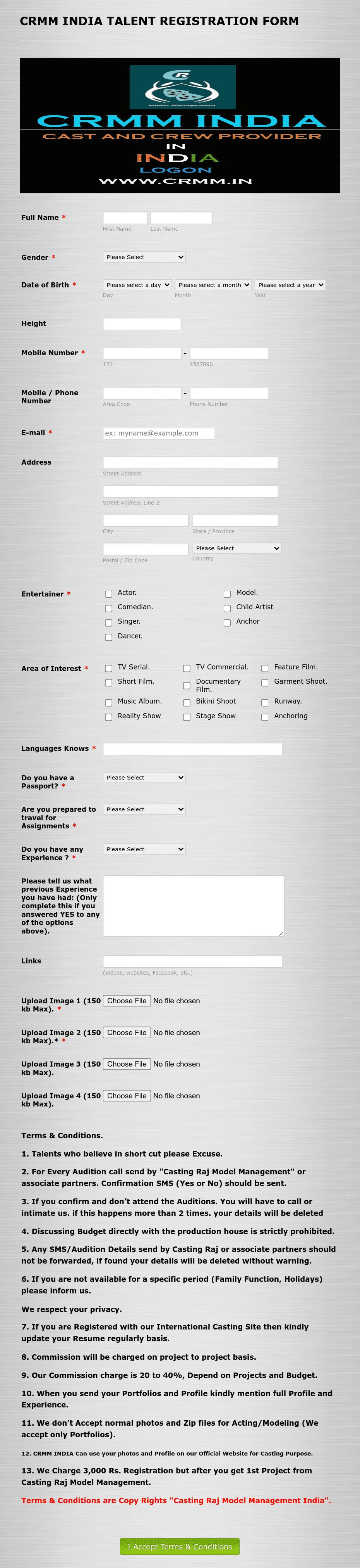 Talent Registration Form for Casting Agency Form Template | Jotform