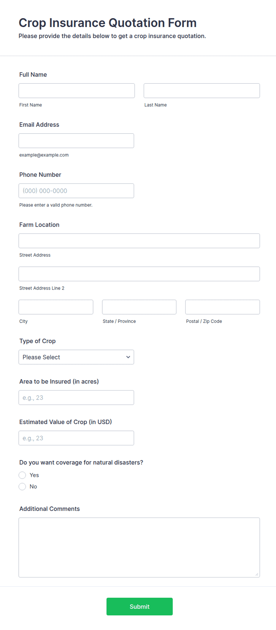 Crop Insurance Quotation Form Template | Jotform