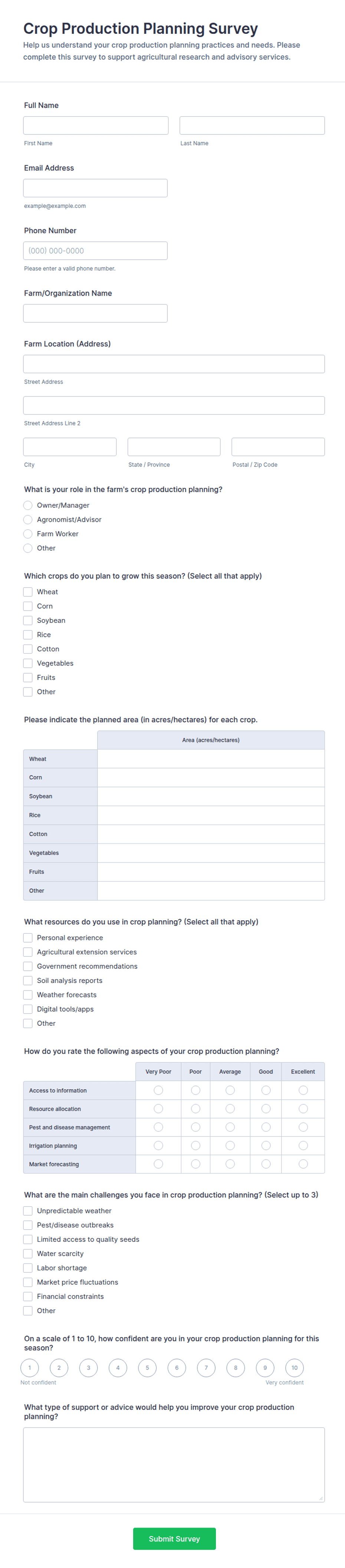 Crop Production Planning Survey Form Template | Jotform
