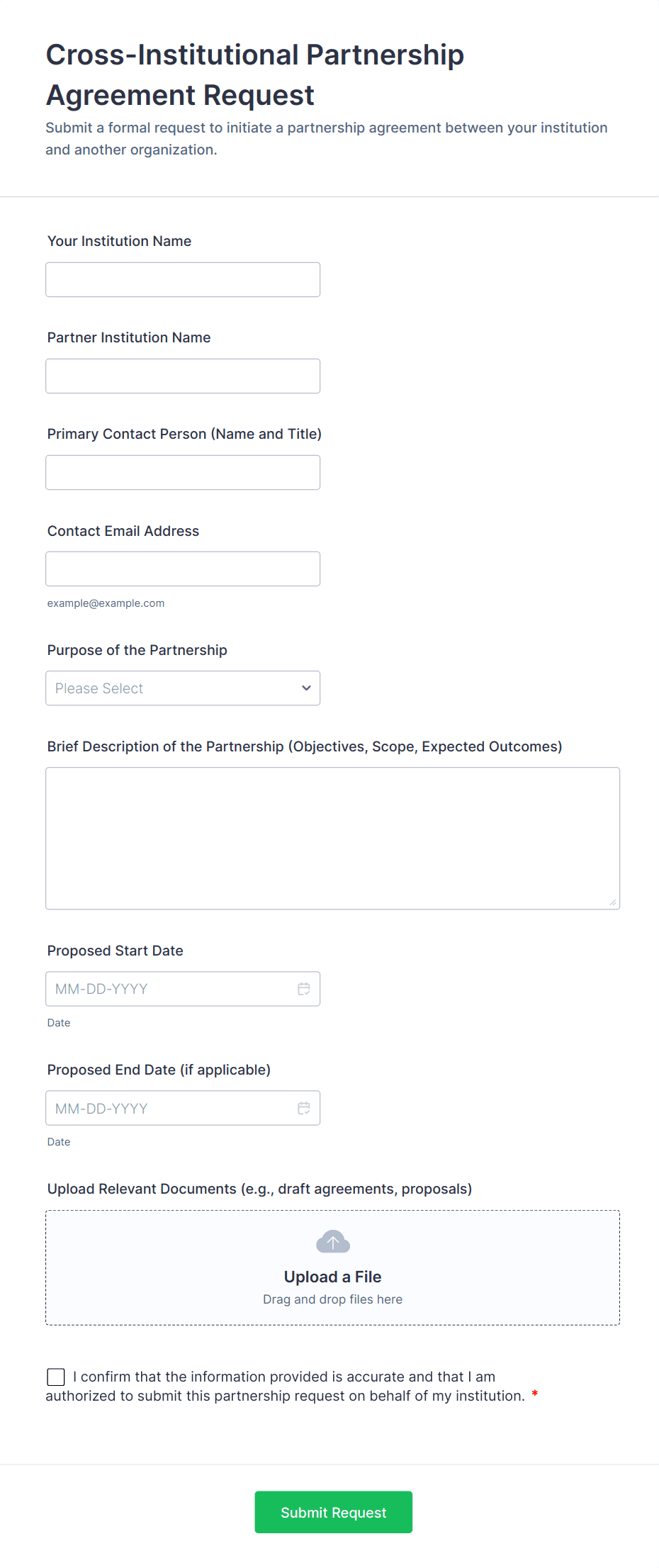 Cross-Institutional Partnership Agreement Request Form Template | Jotform