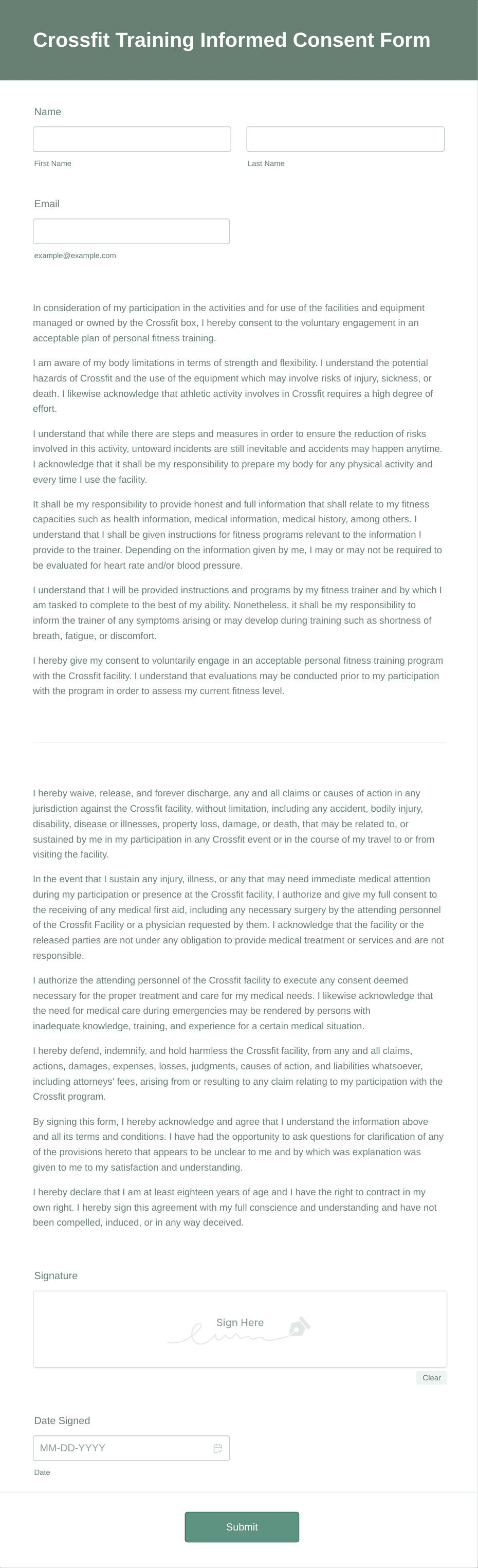 Crossfit Training Informed Consent Form Template | Jotform