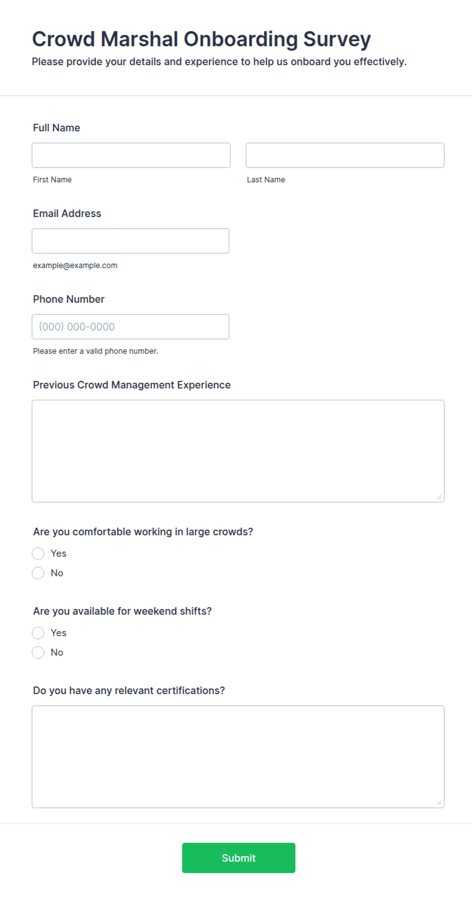 Crowd Marshal Onboarding Survey Form Template | Jotform