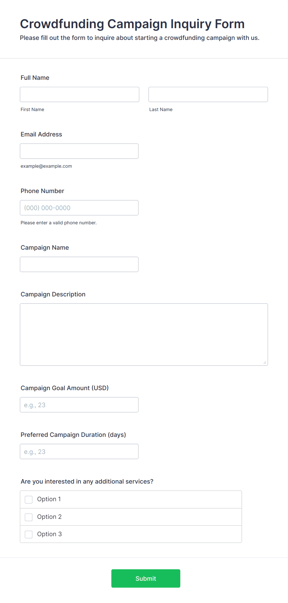 Crowdfunding Campaign Inquiry Form Template | Jotform