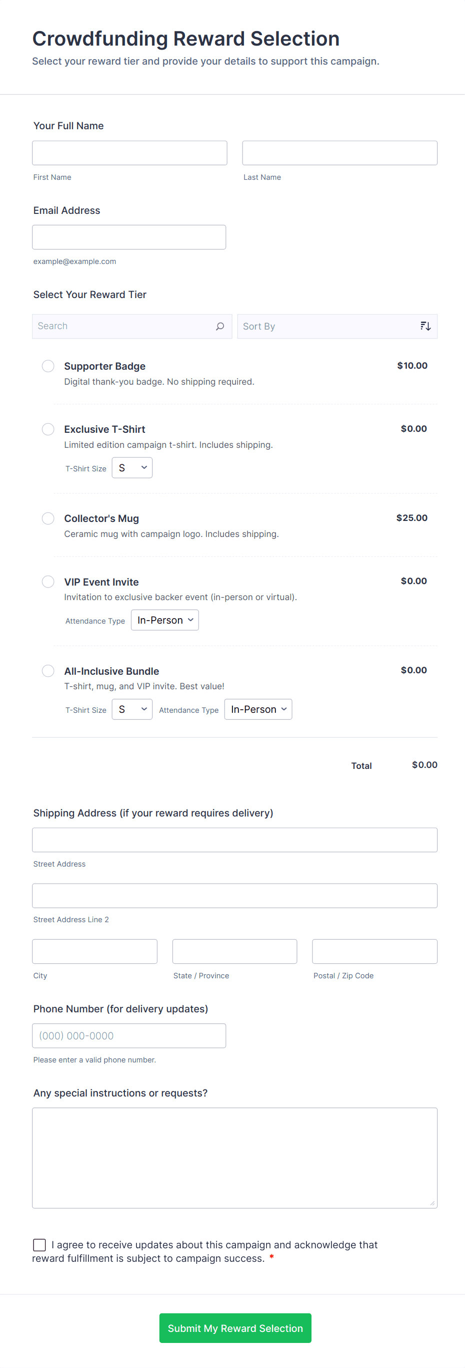 Crowdfunding Reward Selection Form Template | Jotform