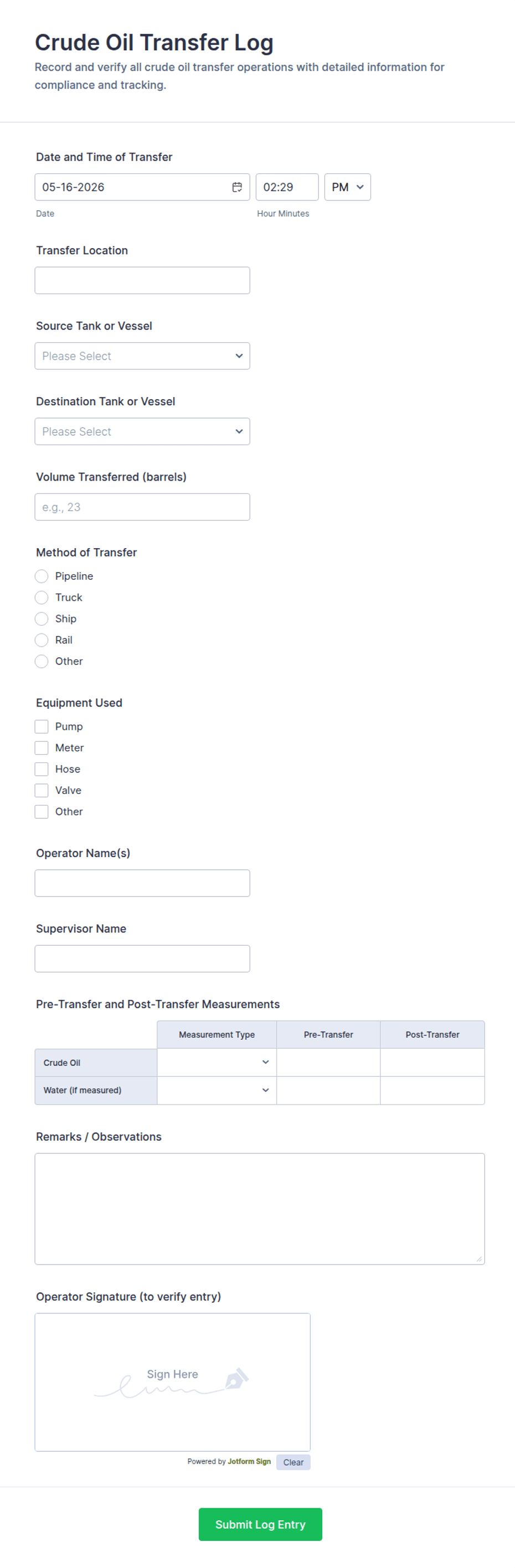 Crude Oil Transfer Log Form Template | Jotform