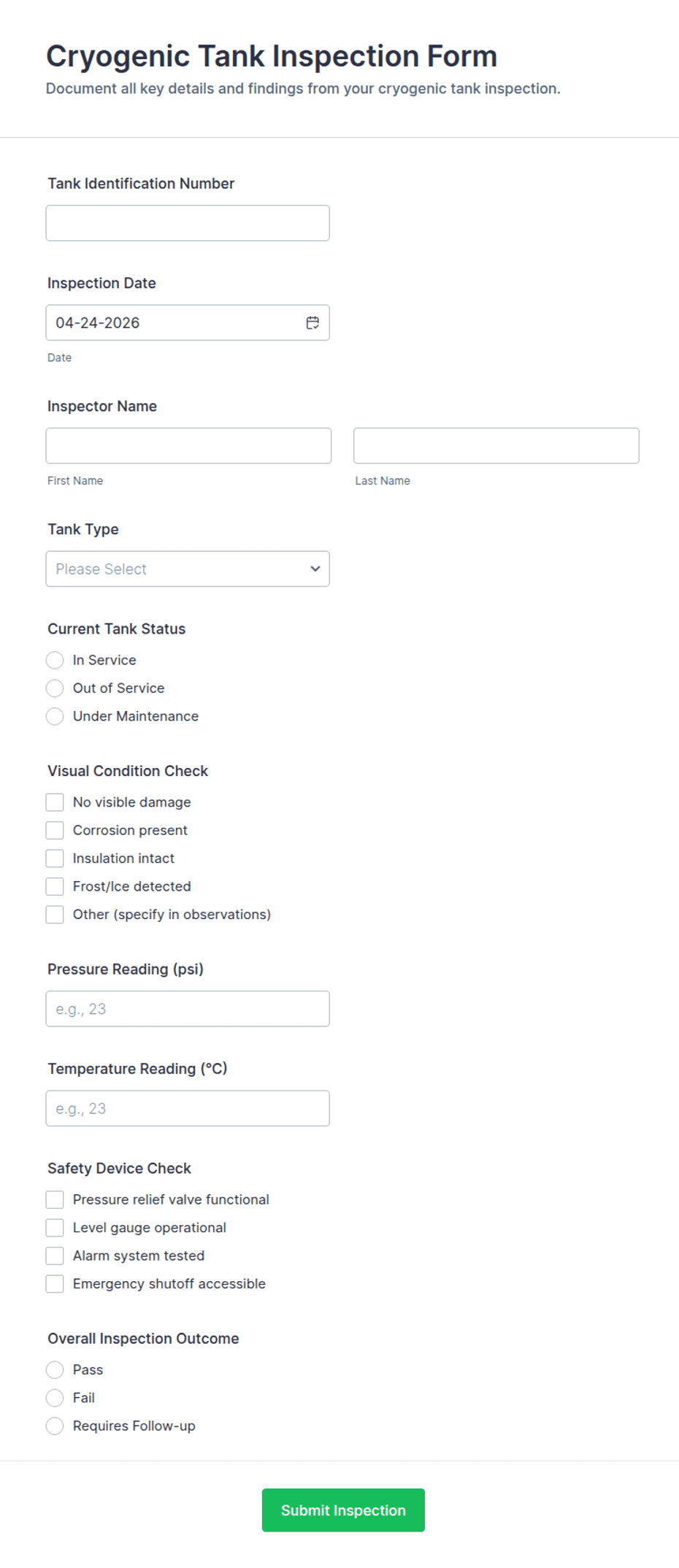 Cryogenic Tank Inspection Form Template | Jotform