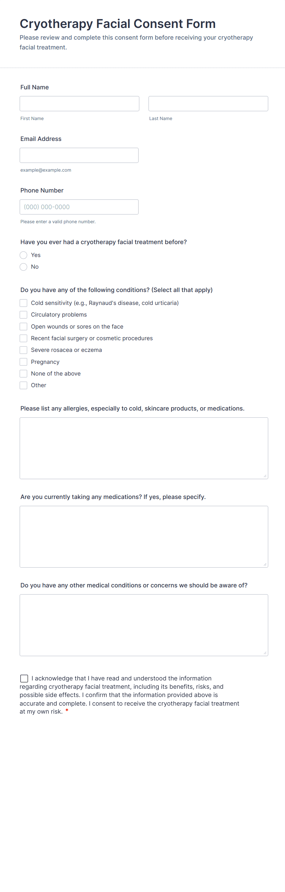 Cryotherapy Facial Consent Form Template | Jotform