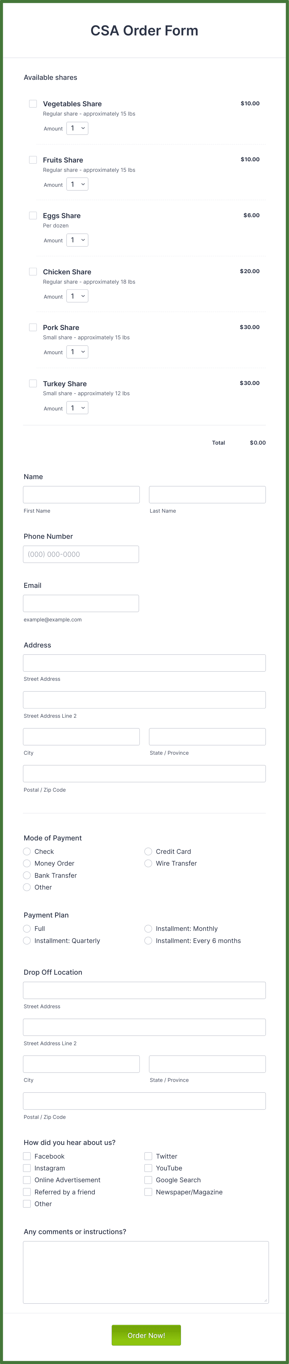 CSA Order Form Template | Jotform