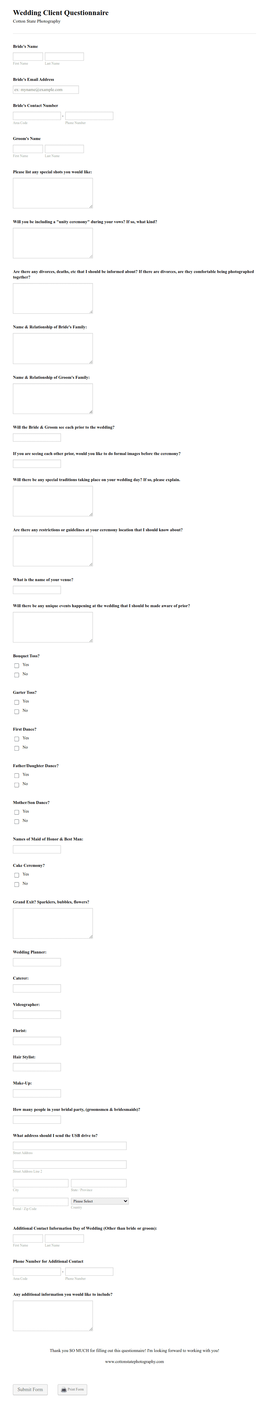 CSP Wedding Client Questionnaire Form Template | Jotform