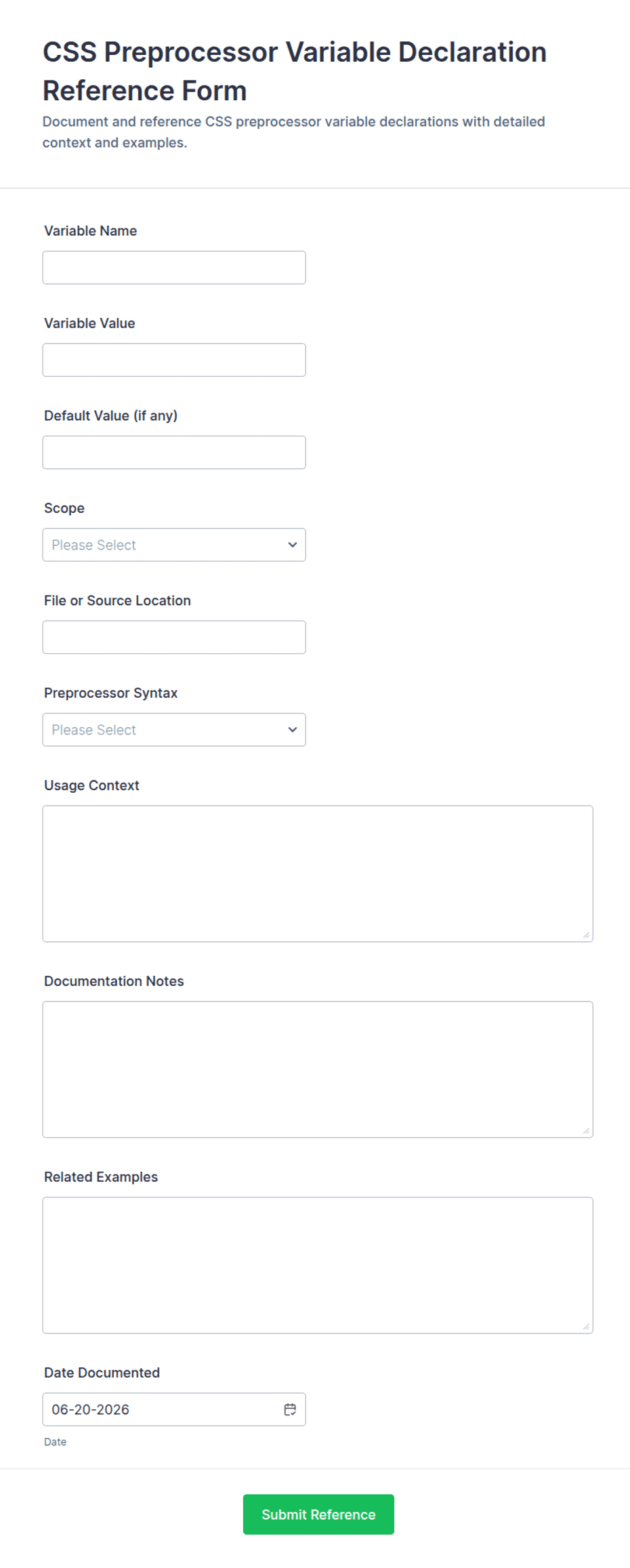 CSS Preprocessor Variable Declaration Reference Form Template | Jotform