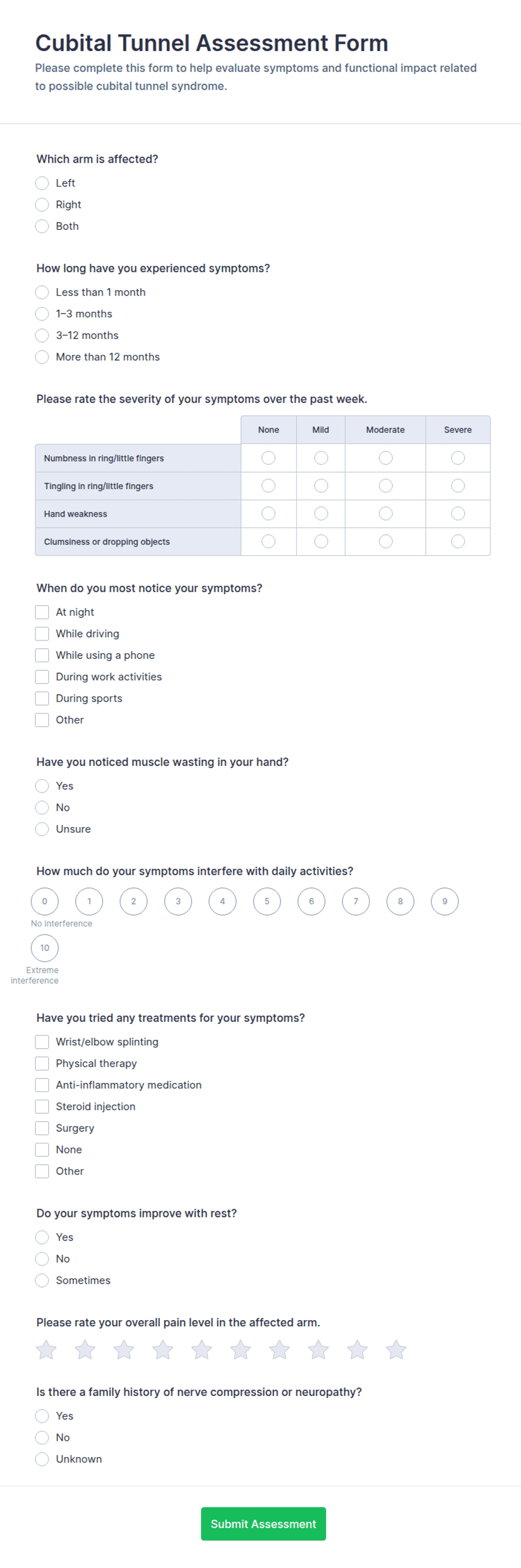 Cubital Tunnel Assessment Form Template | Jotform