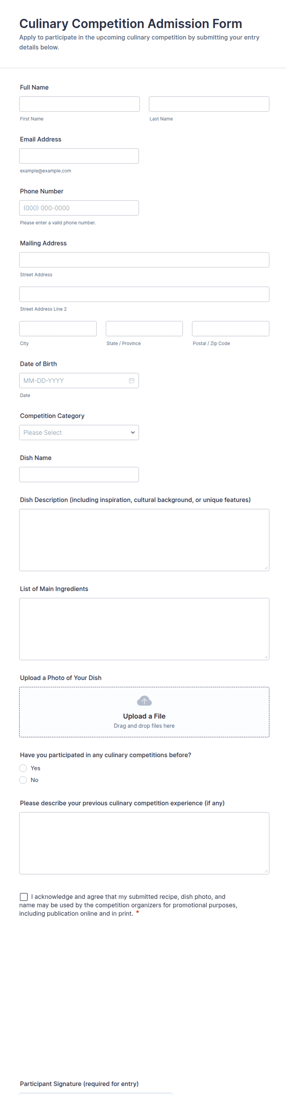 Culinary Competition Admission Form Template | Jotform